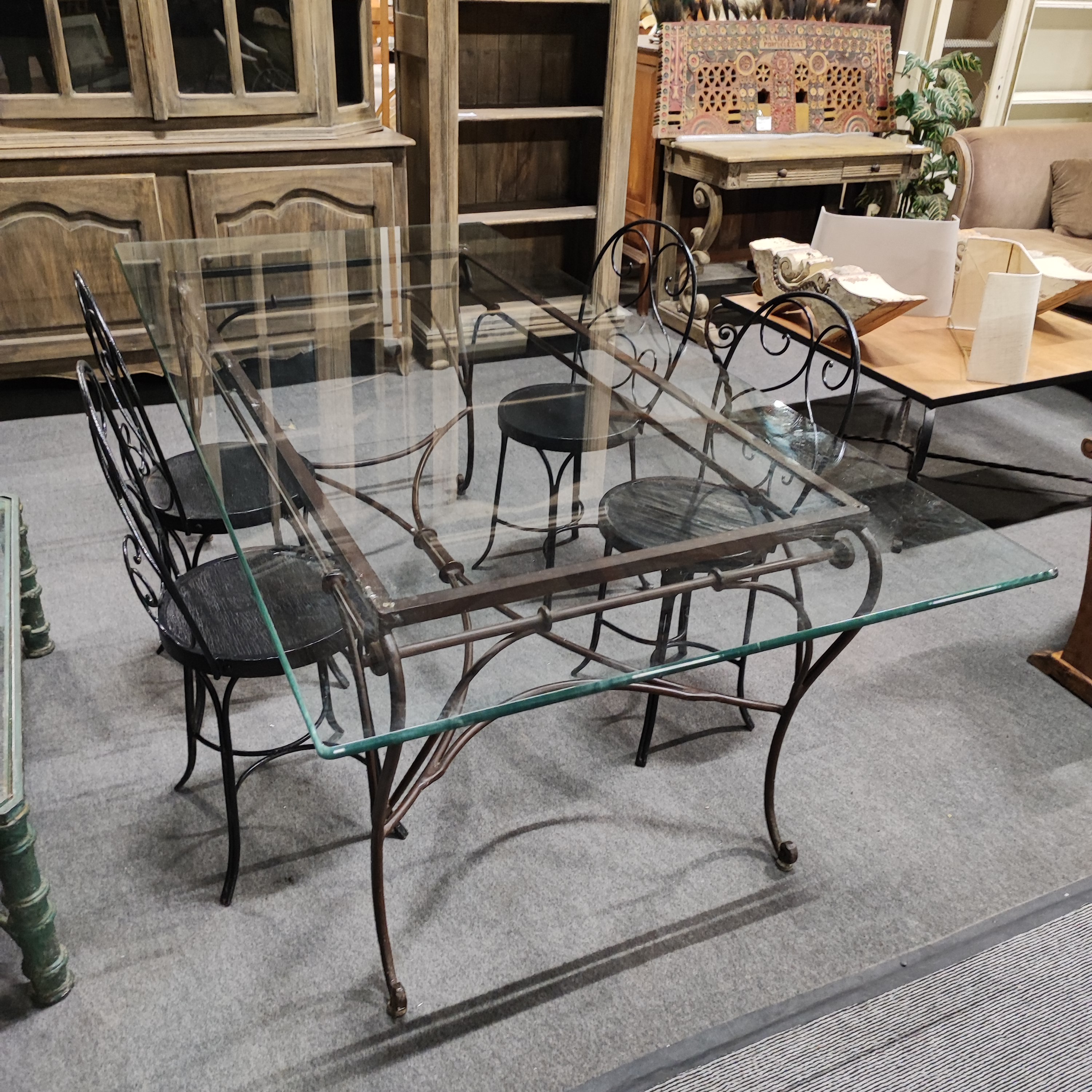 TABLE DE REPAS EN FER FORGE PLATEAU VERRE | Brocante OPlus à Anglet